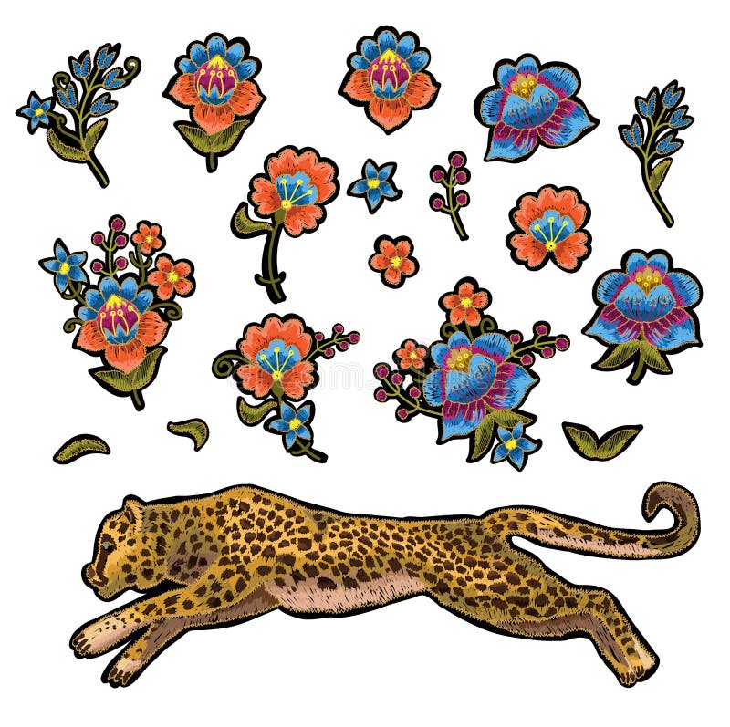 Leopard with Flowers. Vector Embroidery Patches for Textile Design ...