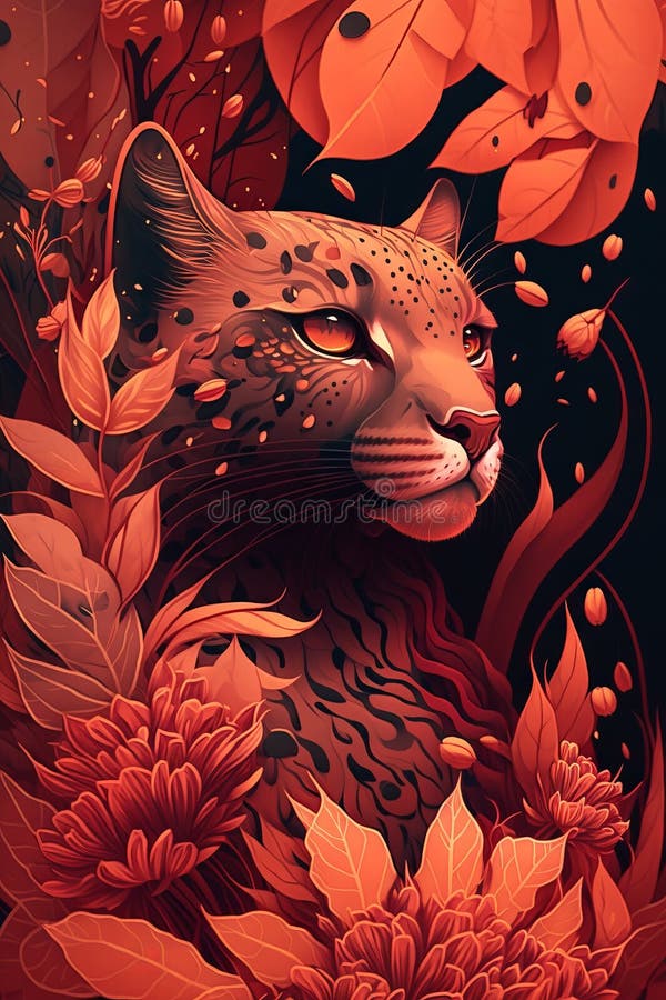 Leopard in the Forest with Red Flowers and Leaves. Generative AI Stock ...