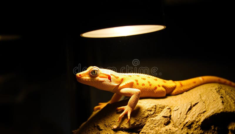 Leopard Gecko Resting on Rock Under Light in Dark Terrarium Stock Photo ...