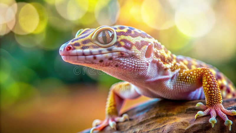 A Leopard Gecko Sitting Still on a Tree Trunk with a Blurred Background ...