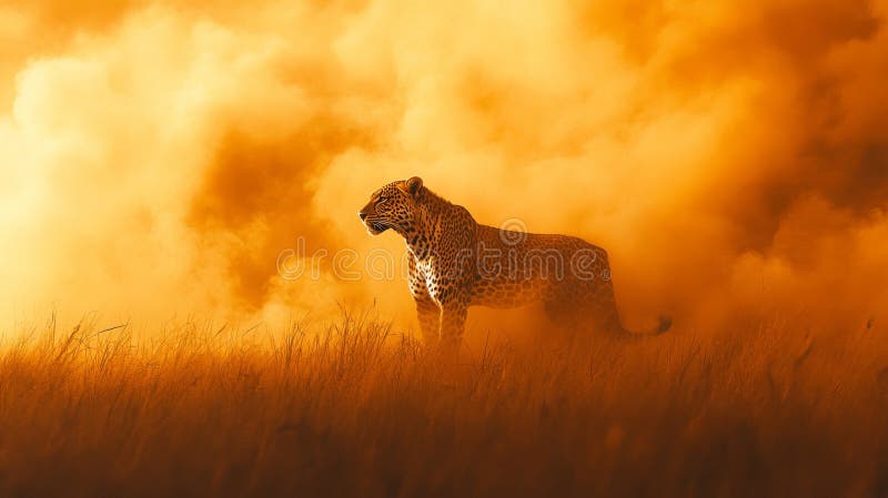 Leopard in Golden Dust Cloud at Sunset in African Savanna Stock ...