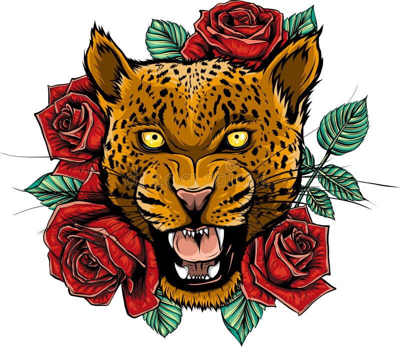 Leopard Head with Roses Vector Illustration Stock Vector - Illustration ...
