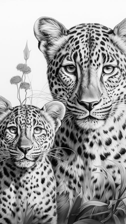 Leopard with Its Cub Black & White Stock Illustration - Illustration of ...
