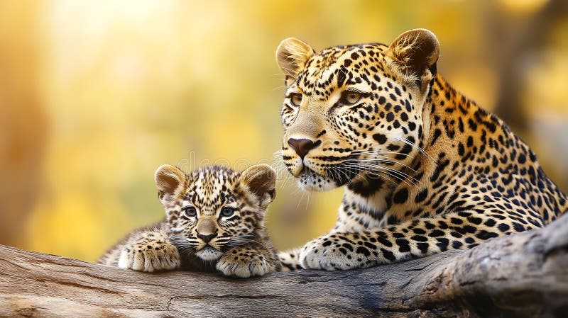 A Leopard and Its Cub Rest on a Log, Basking in the Sun and Displaying ...