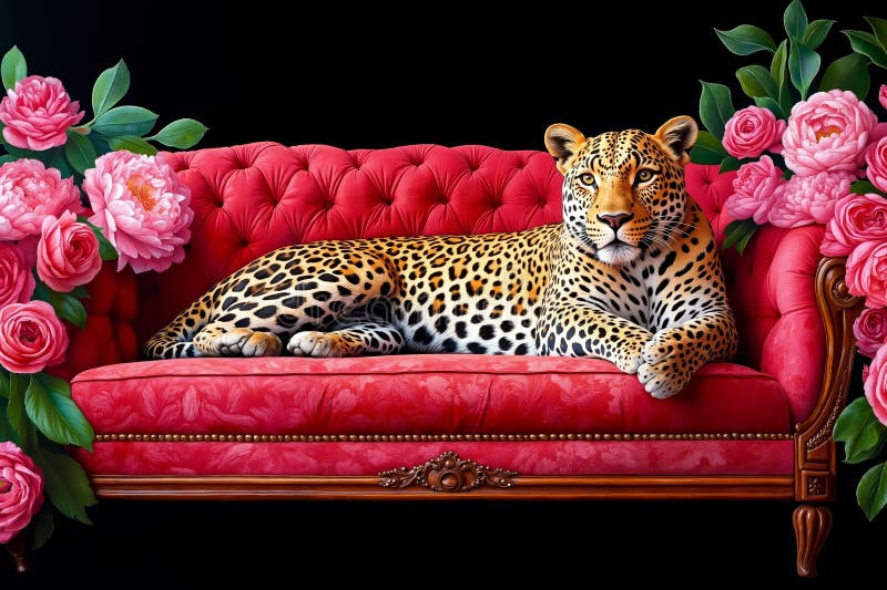 A Leopard Laying on a Red Couch Surrounded by Pink Flowers Stock Photo ...