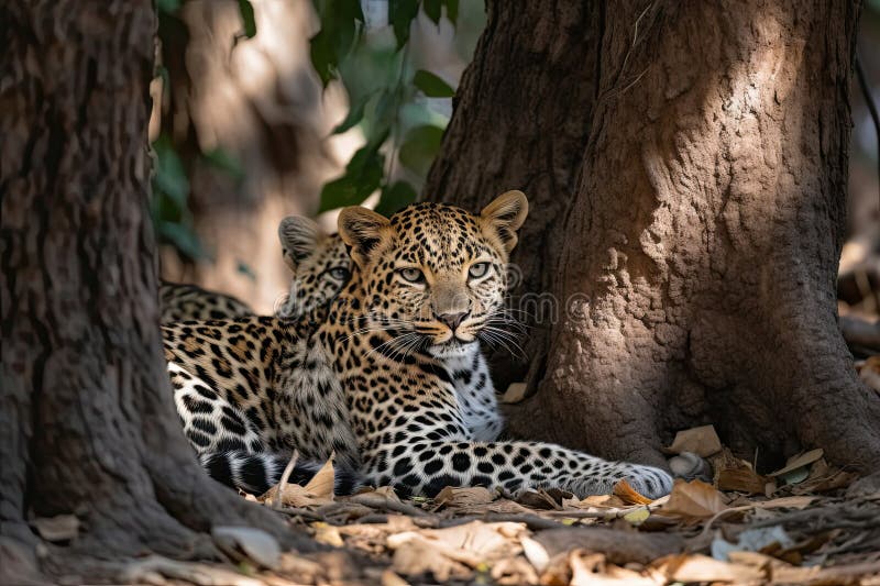 A Leopard Laying in the Shade Under a Tree Stock Illustration ...