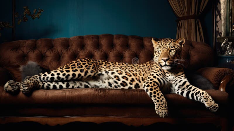 Leopard laying on sofa stock illustration. Illustration of nature ...