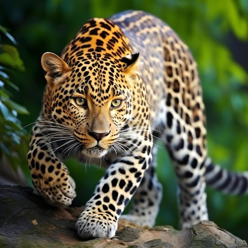 Leopard on a Log in the Jungle, Close-up Stock Illustration ...