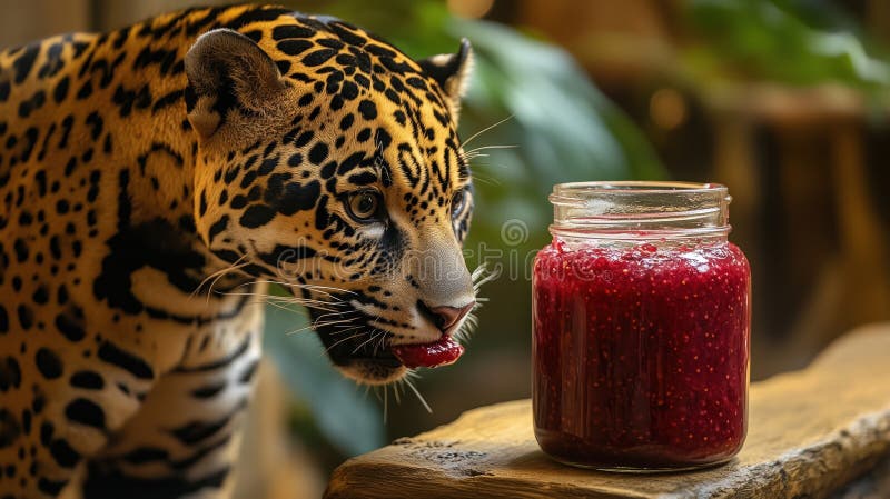 Leopard Looking at a Jar of Raspberry Jam, Jungle Setting. Stock ...