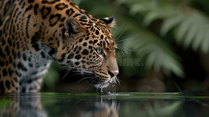 A Leopard Looks Intently at Its Reflection in a Puddle of Water in a ...