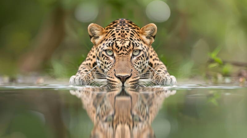 A Leopard Looks Intently at Its Reflection in a Puddle of Water in a ...