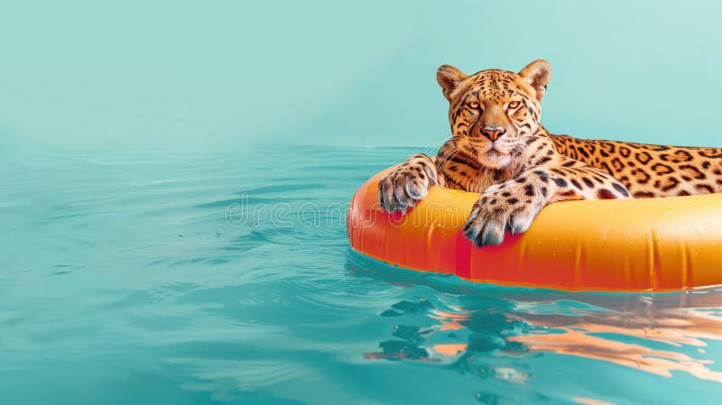Leopard Lounging on an Orange Pool Float in Turquoise Waters, a Quirky ...