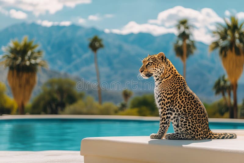 Leopard Lounging Tranquil Pool Surrounded Palm Trees Mountains ...