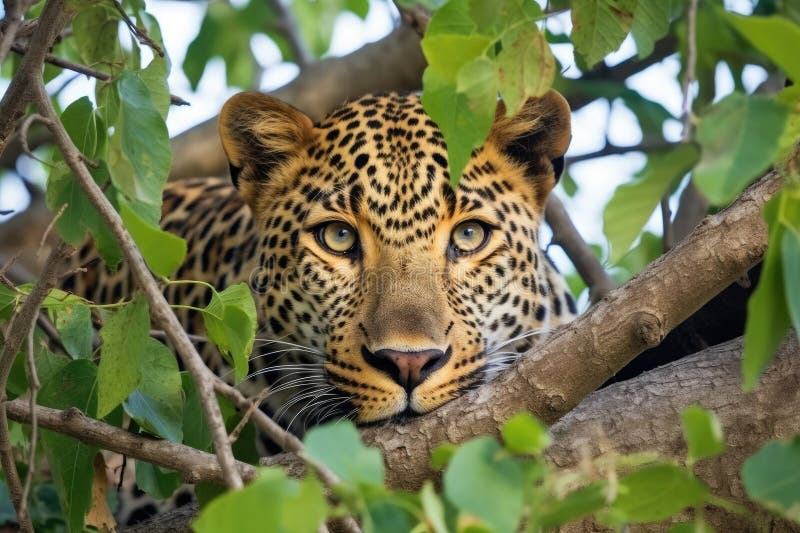 Leopard Lurking in Tree Branches, Eyeing a Boar Stock Illustration ...