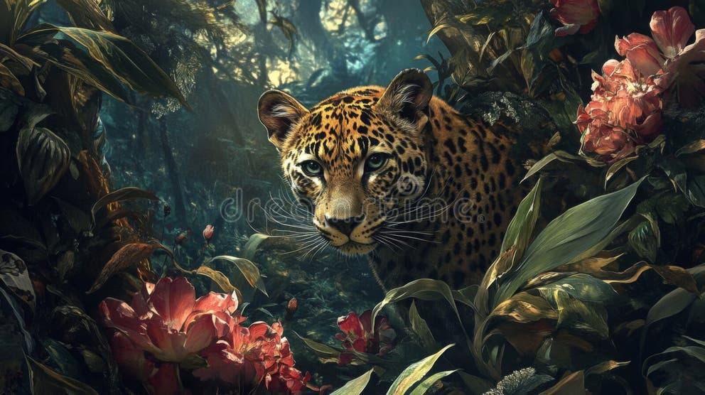 Leopard among Lush Rainforest Flora Stock Illustration - Illustration ...