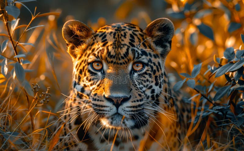 Leopard Lying in the Grass in Beautiful Evening Light Stock Photo ...