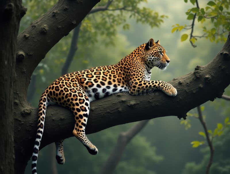 Leopard Lying on a Tree Branch Stock Illustration - Illustration of ...