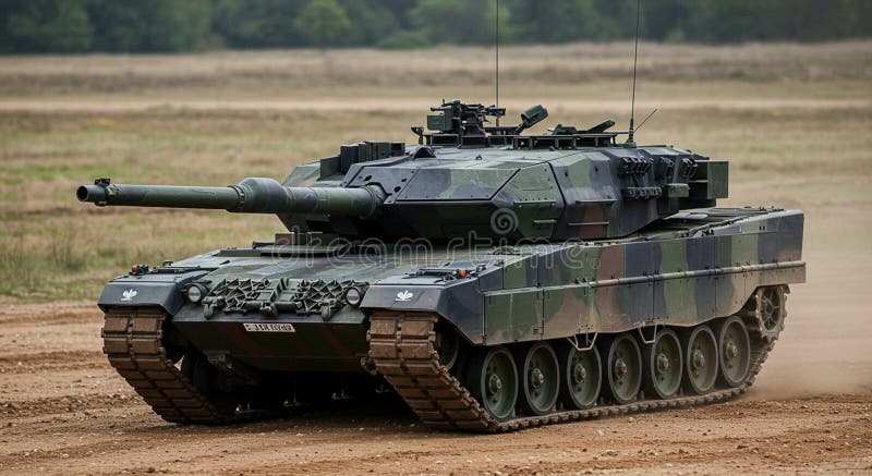 A Leopard 2 Main Battle Tank in Motion on a Dirt Field. it Features a ...