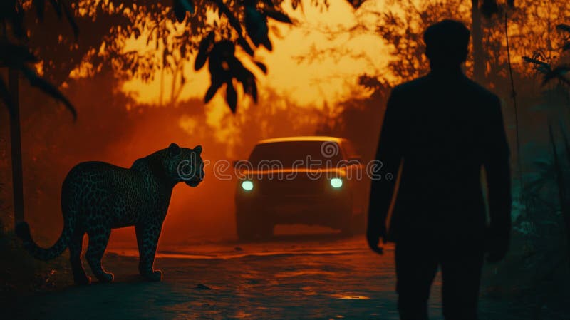 Leopard and Man Encounter at Sunset on Jungle Road Stock Illustration ...