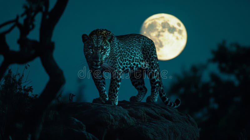Leopard at Night Under Full Moon in African Savanna Stock Illustration - Illustration of ...