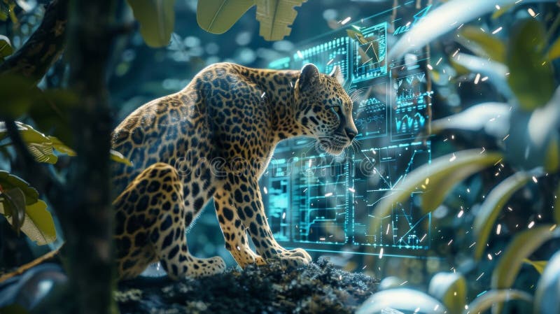 Leopard Observing Futuristic Hologram in Lush Jungle Setting Stock ...