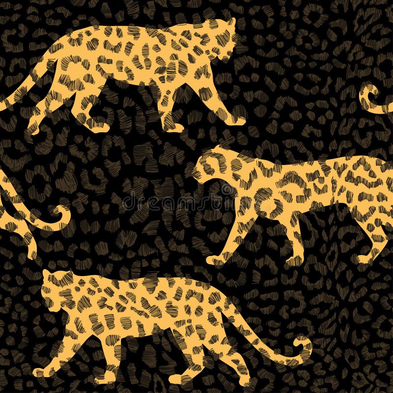 Leopard Fur Texture and Leopard Silhouette. Seamless Pattern. Hand ...
