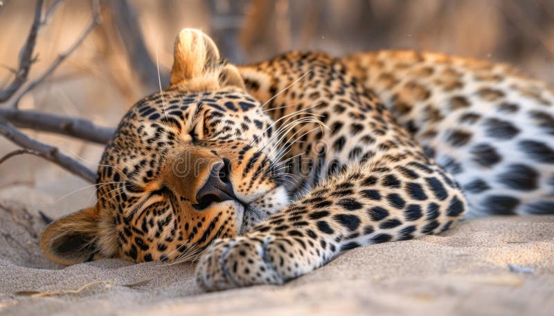 A Leopard is Peacefully Sleeping on the Soft Sand Underneath the Shade ...