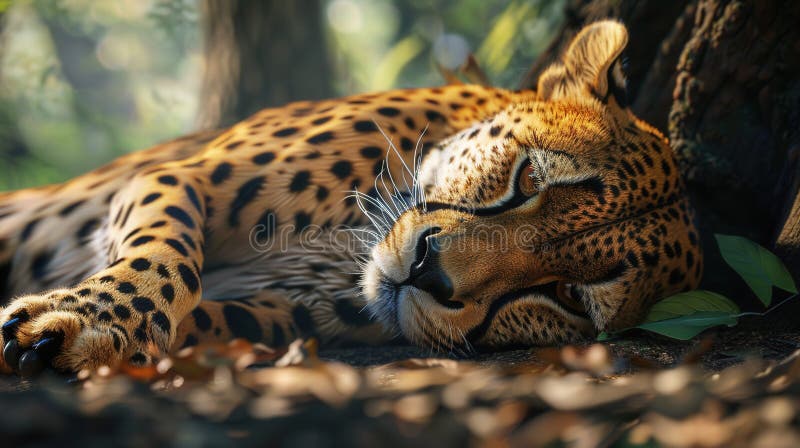 A Leopard is Peacefully Sleeping Under a Tall Tree in the Woods Stock ...