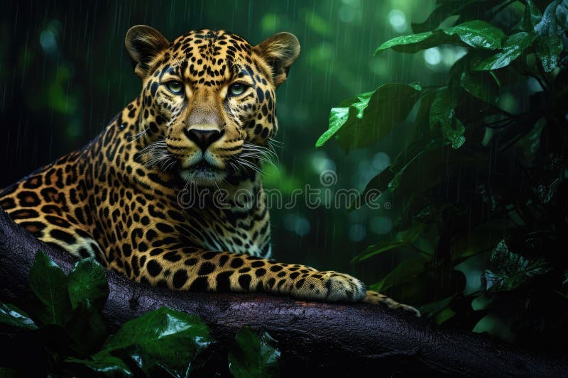 A Leopard Perched on a Rain-drenched Tree Branch, Showcasing Its ...