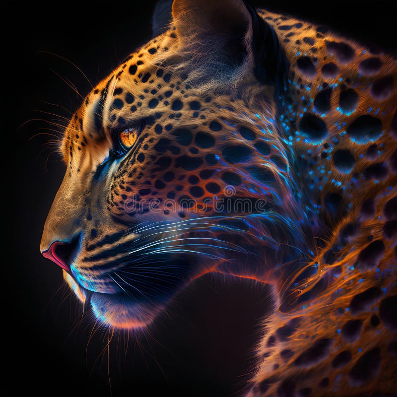 Leopard Portrait with Colorful Lights on a Black Background. 3d ...