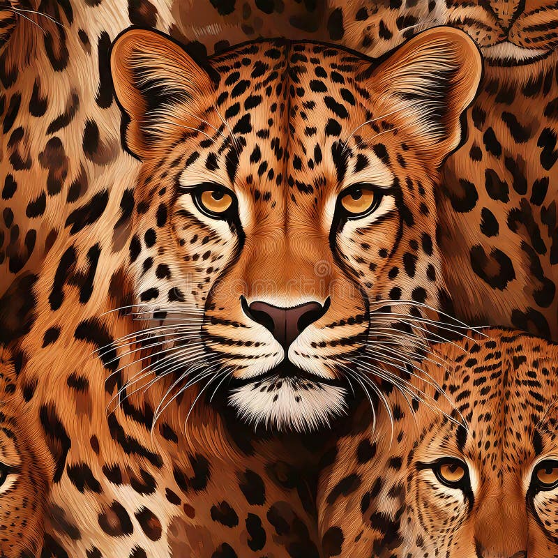 Leopard Print Pattern Featuring Detailed Animal Faces in Natural Tones ...