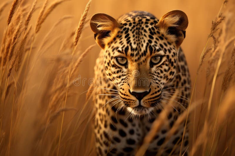 Leopard Prowling through the Tall Grass of the Plains. Close Up of a ...