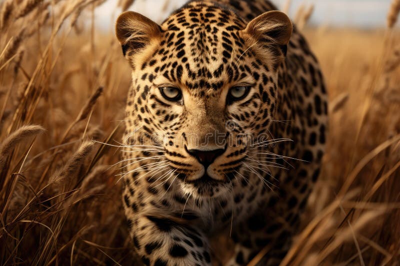 Leopard Prowling through the Tall Grass of the Plains. Close Up of a ...