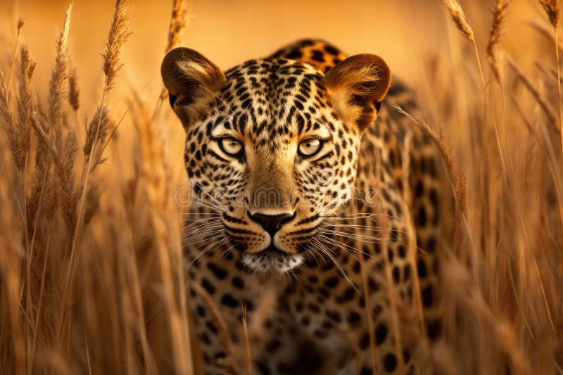 Leopard Prowling through the Tall Grass of the Plains. Wild African ...