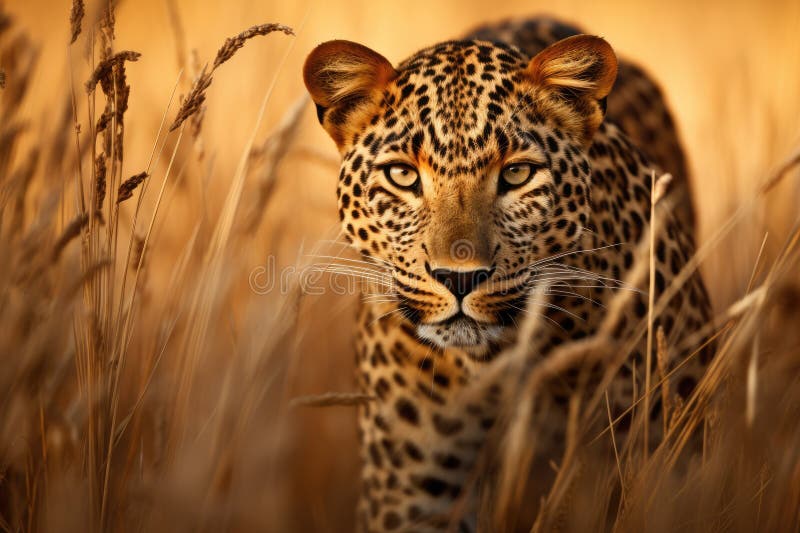 Leopard Prowling through the Tall Grass of the Plains. Wild African ...