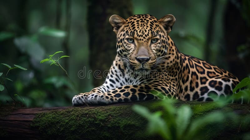Leopard Relax in the Rain Forest on the Timber with Moss Stock Image ...