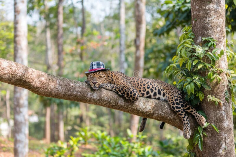 Leopard Relaxing on Tree Branch with Hat in Forest Setting Stock Image ...