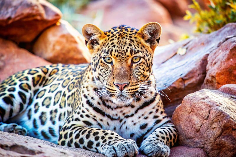 Leopard Resting in African Rocks, Golden Light Stock Illustration ...
