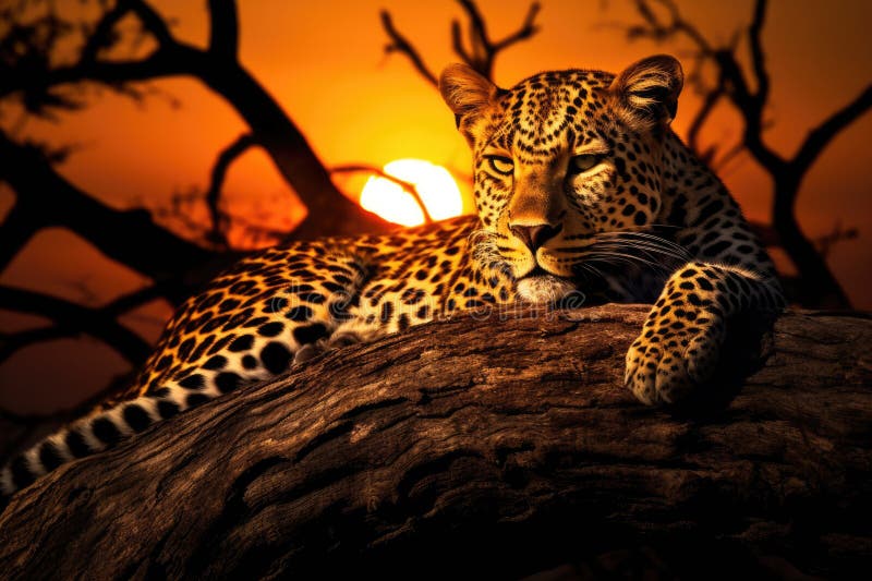 Leopard Resting on Branch in Savanna Landscape at Sunset Stock ...