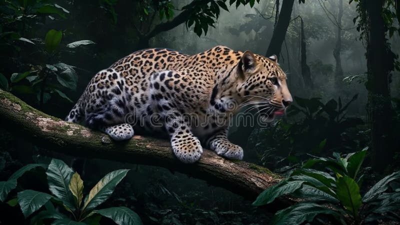 Leopard Resting Calmly on a Tree Branch within a Lush Rainforest ...