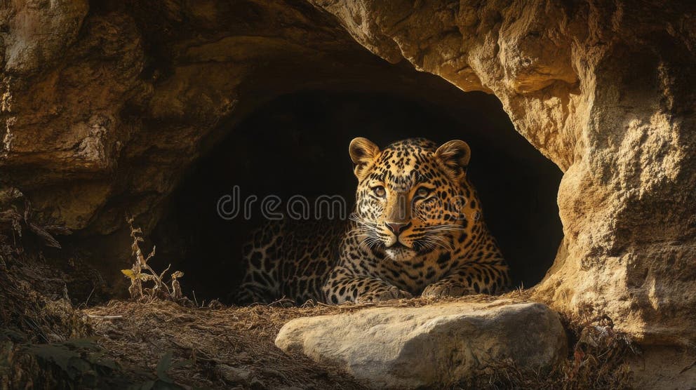 Leopard Resting in Dark Cave Entrance Stock Illustration - Illustration ...