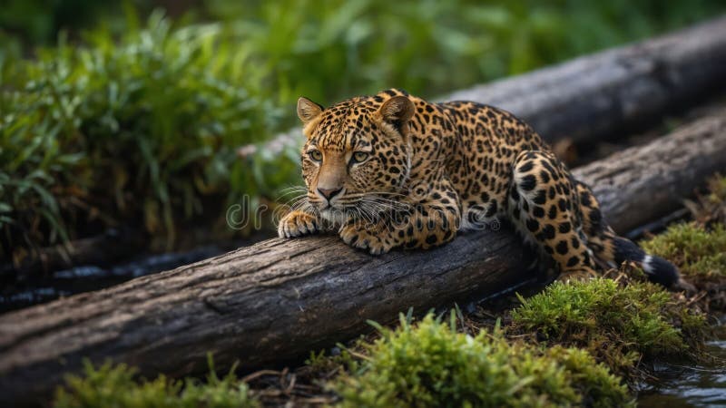 A Leopard Resting on a Log in a Lush Green Environment Stock ...