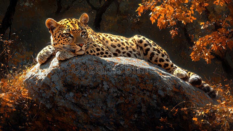 Leopard Resting on a Rock in the Forest Stock Illustration ...