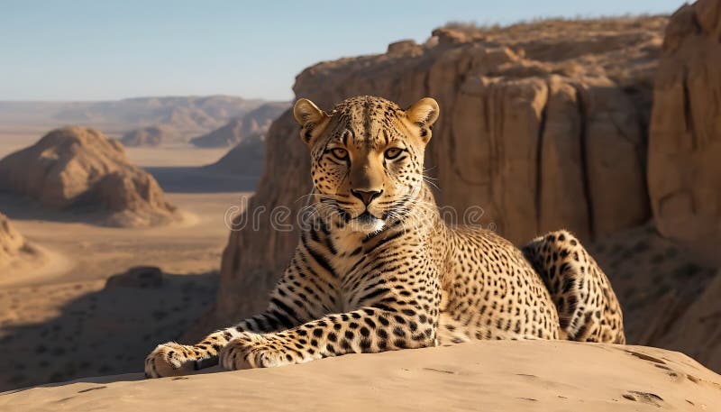 Leopard Resting on Rock Formation in Desert Landscape Setting Stock ...