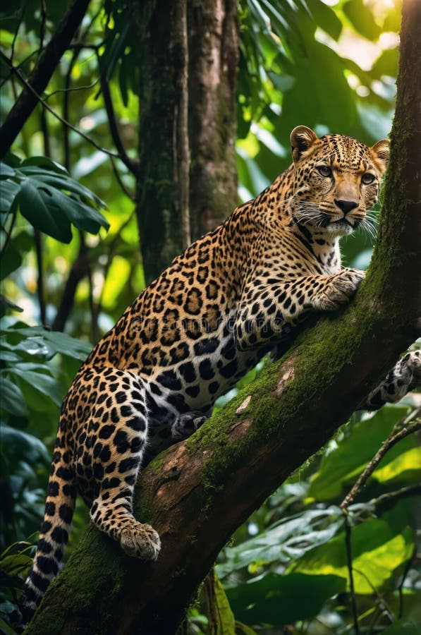 Majestic Leopard Resting on a Lush Tropical Tree Branch Stock ...
