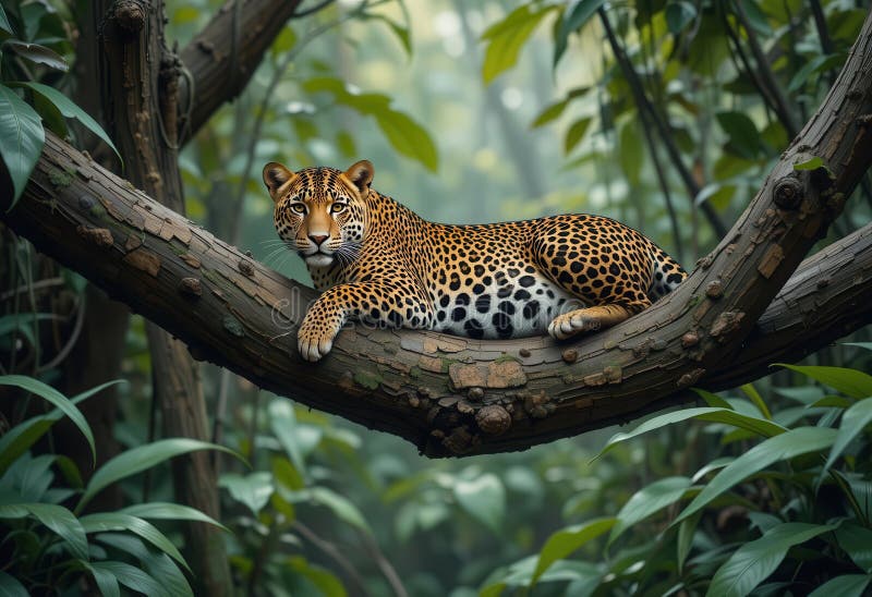 Leopard Resting on a Tree Branch in a Lush Tropical Rainforest Stock ...