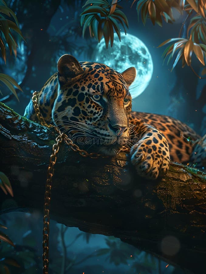 Leopard Resting on Tree Branch Under Moonlit Sky, AI-generated. Stock ...