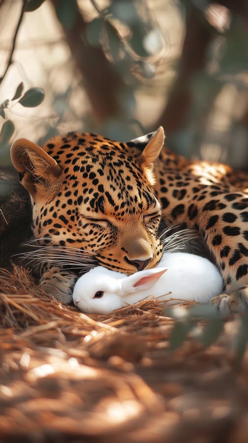 Leopard Resting beside a White Rabbit in the Savannah, Symbolizing ...