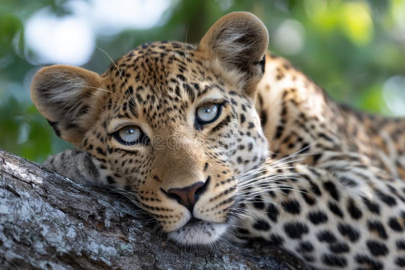 Leopard Rests on Tree Branch Under Sunlight in Lush Green Environment ...