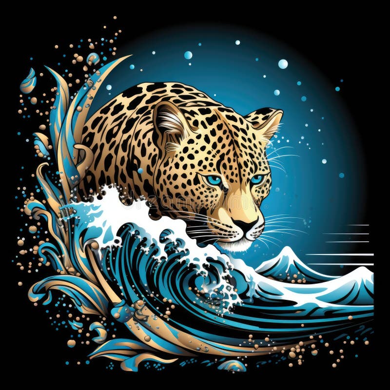A Leopard is Riding a Wave in the Ocean. Stock Illustration ...